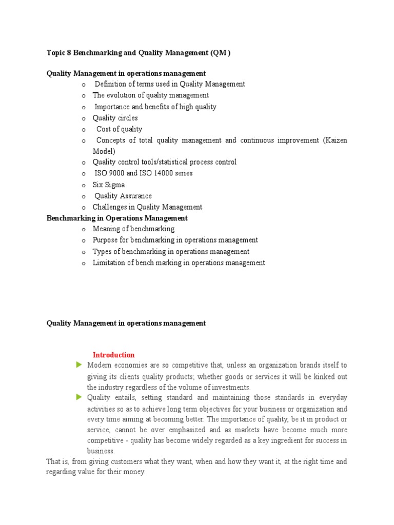 Topic 8 Benchmarking and Quality Management (QM) Quality Management in Operations Management ...