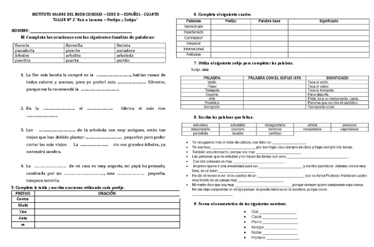 Taller de Prefijos y Sufijos en Español | PDF