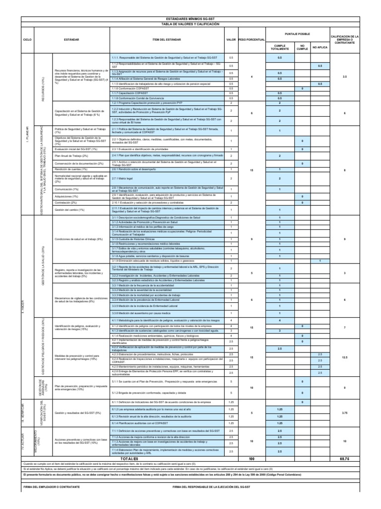 Estándares Mínimos SG-SST Tabla de Valores Y Calificación: Totales 100 68.75 | PDF
