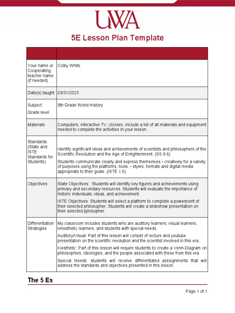 5E Lesson Plan for 9th Grade History | PDF | Age Of Enlightenment ...