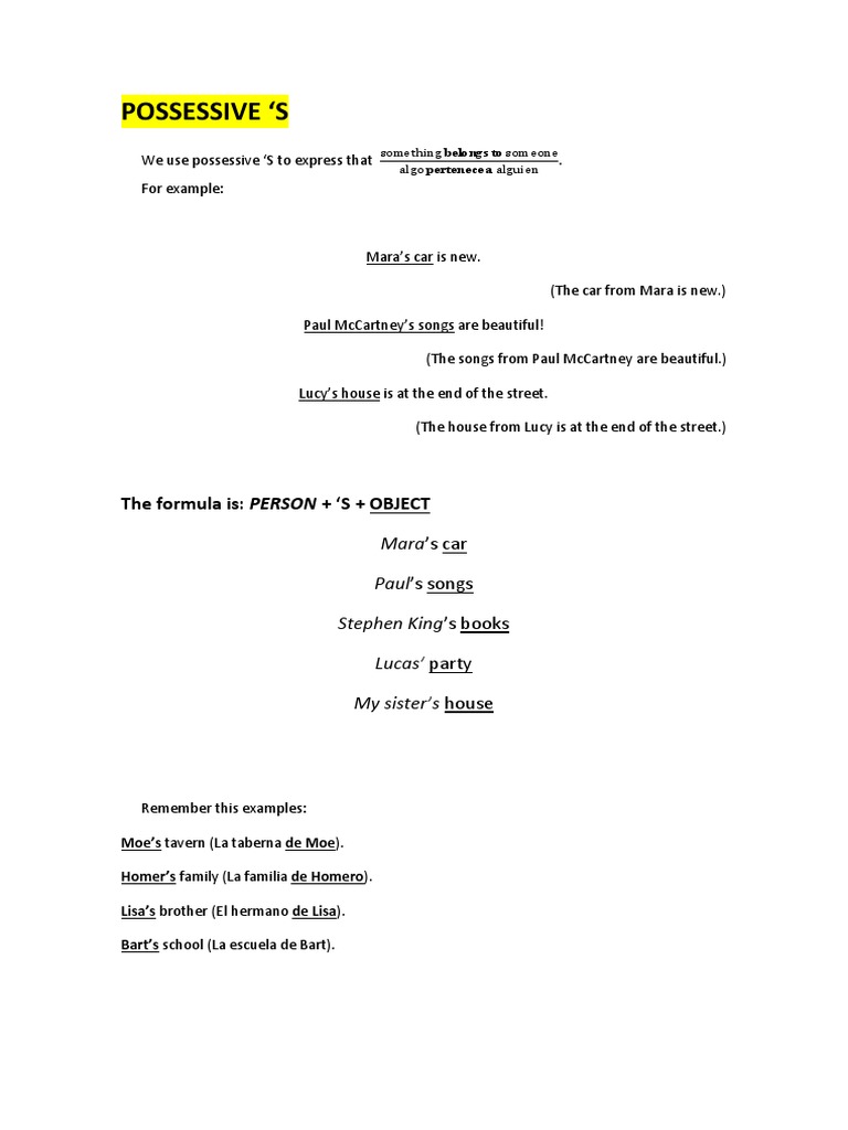 Possessive 'S - English Learning | PDF