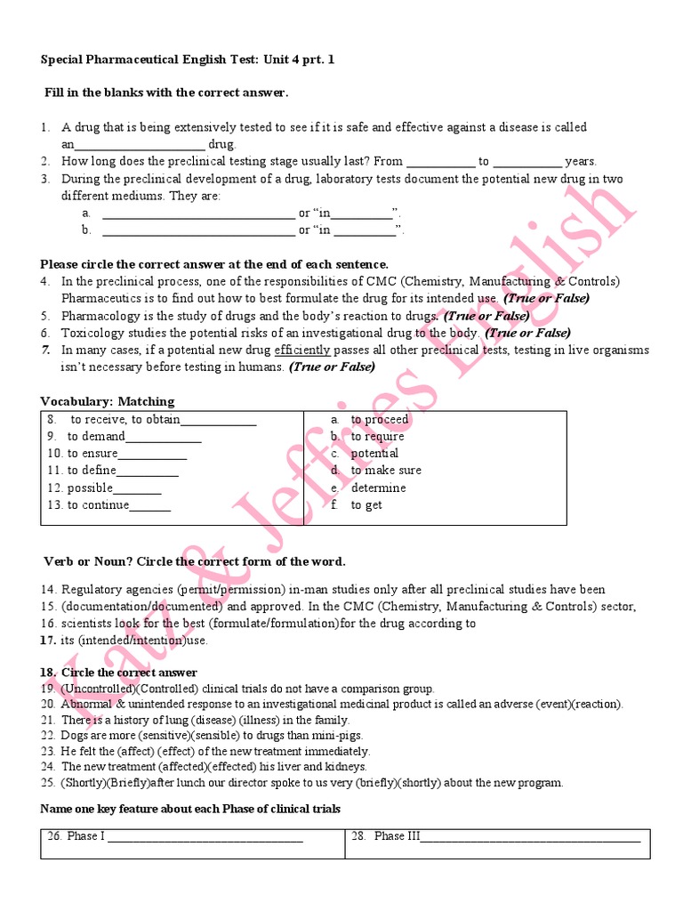 Pharmaceutical English Test Unit 4-Special Pharmacy prt.1 | PDF ...