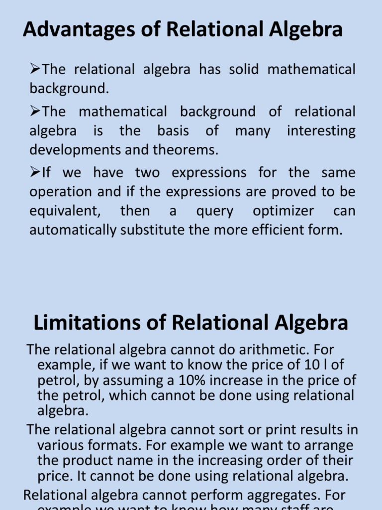 Advantages of Relational Algebra | Relational Model | Relational Database