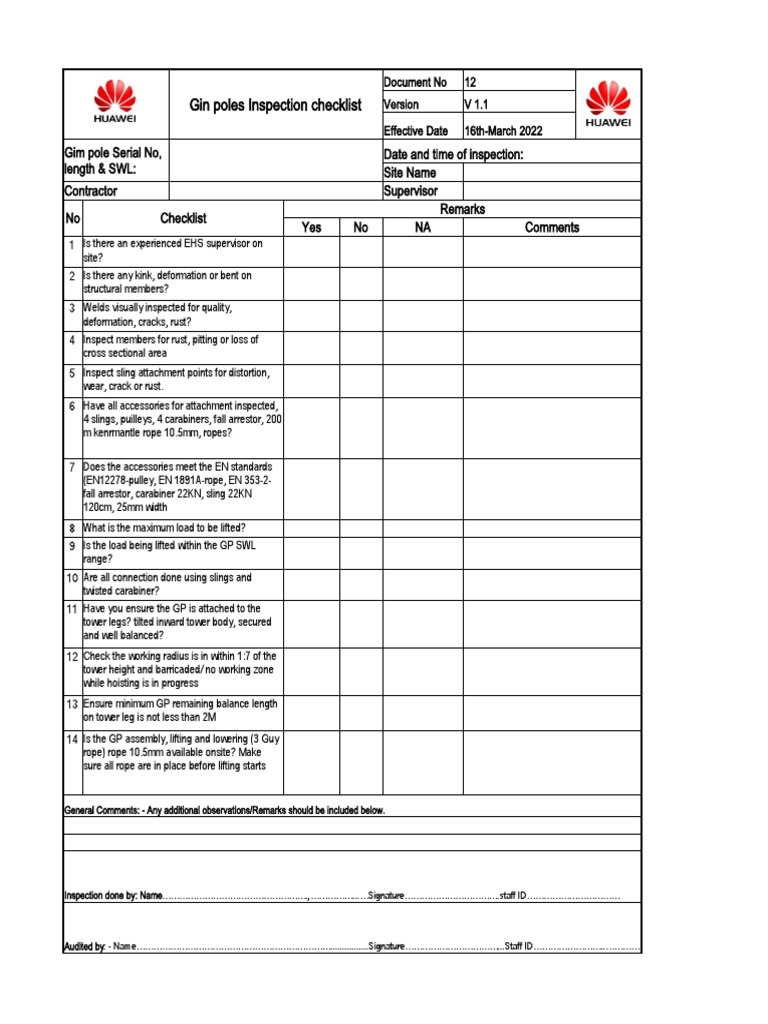 Gin Pole Inspection Checklist V1.1 | PDF
