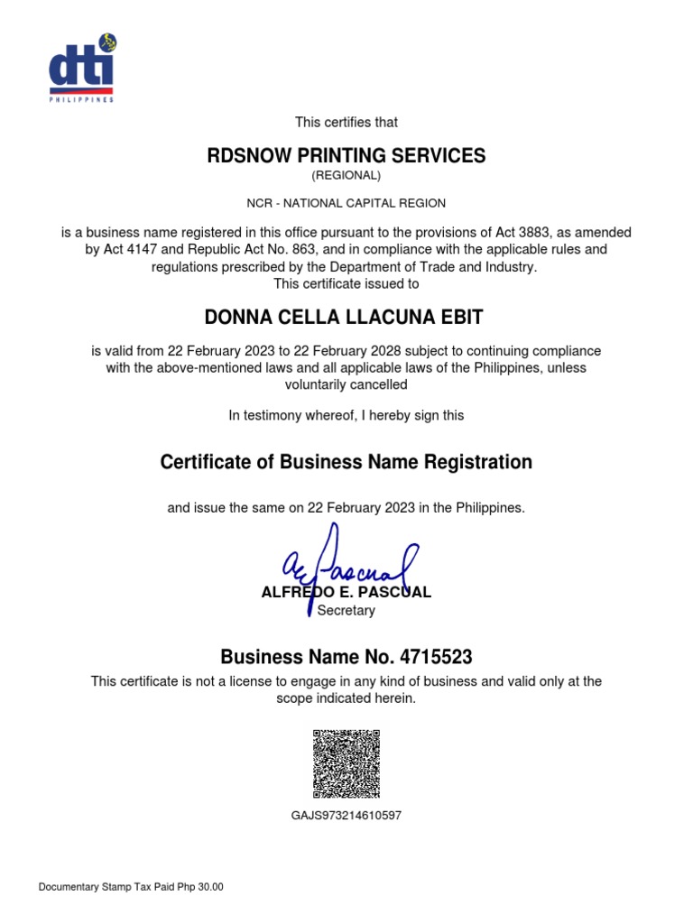 Business Name Registration Certificate | PDF