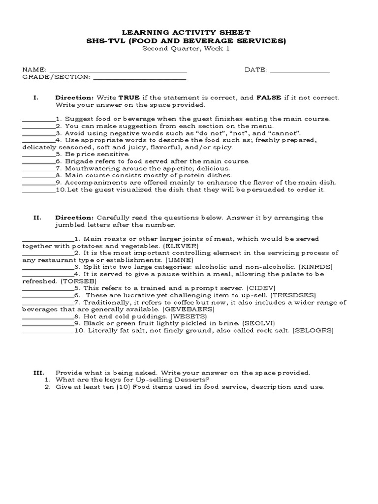 Learning Activity Sheet SHS-TVL (Food and Beverage Services) | PDF ...