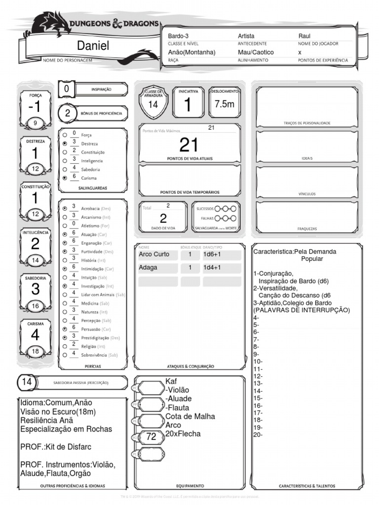 Ficha Raul | PDF | Instrumentos musicais