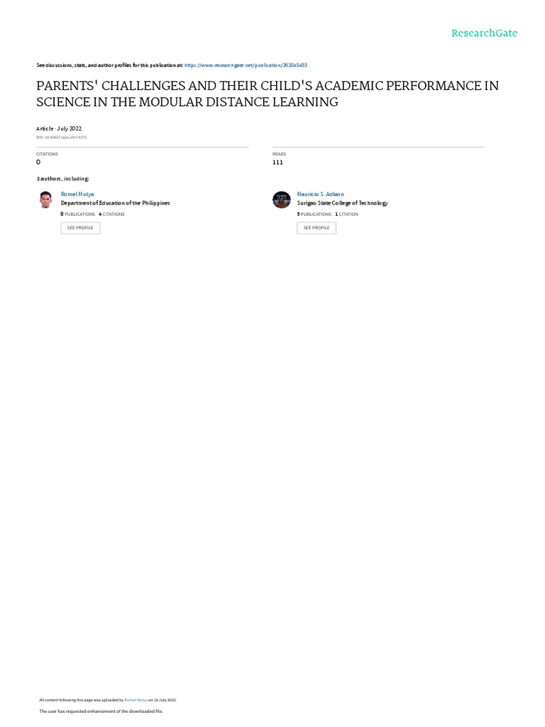 Parents' Challenges and Their Child'S Academic Performance in Science in The Modular Distance ...