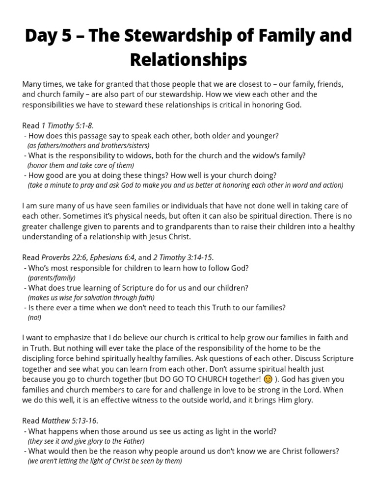 Day 5 - Stewardship of Family | PDF | Jesus | God