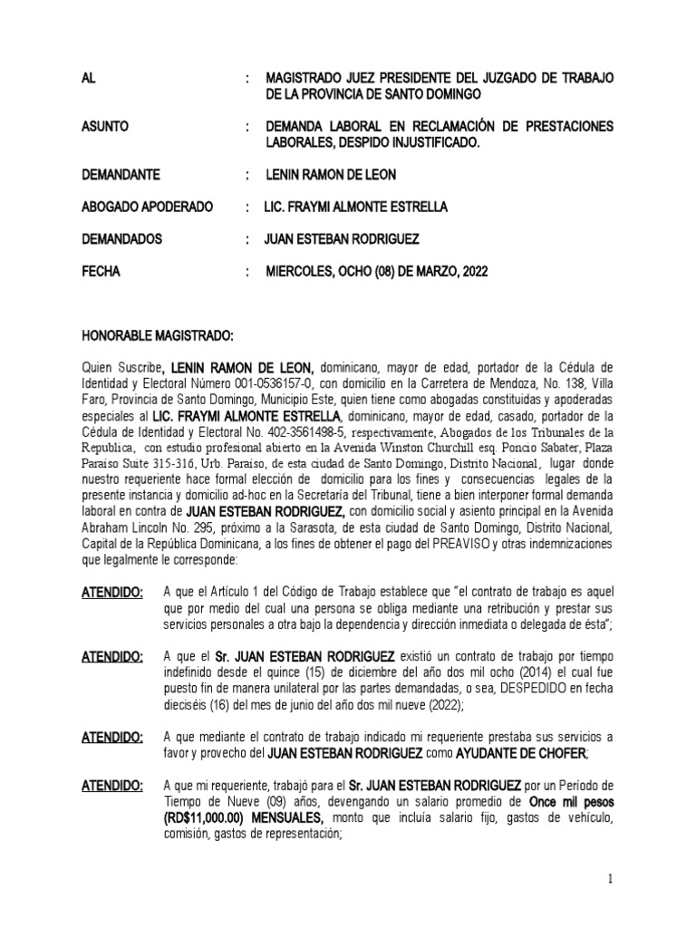 Demanda Laboral Despido Injustificado | PDF | Daños y perjuicios | Justicia