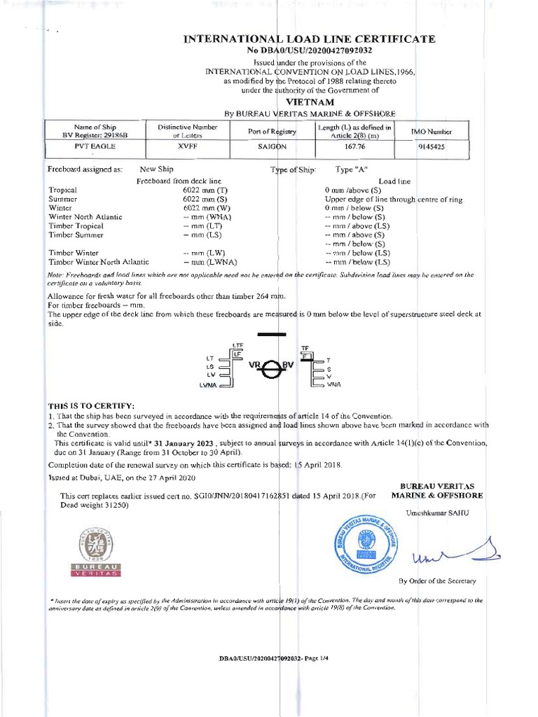 22.2 International Load Line Certificate (BV) - DWT 31,250 MT | PDF