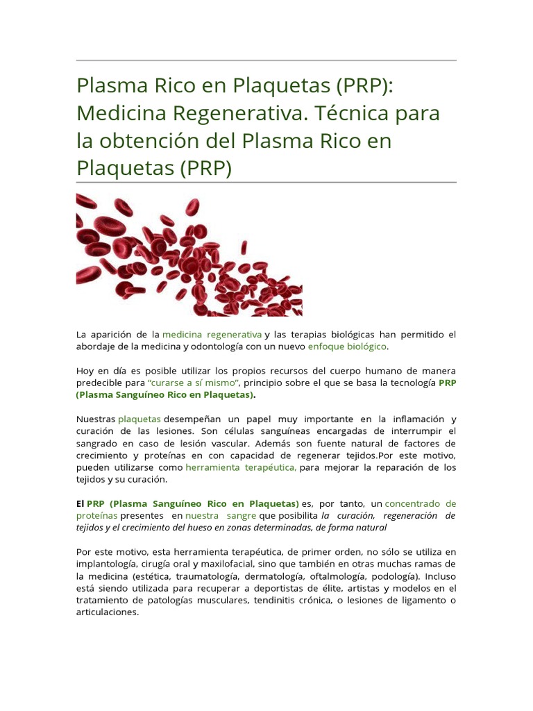 Técnica para La Obtención Del Plasma Rico en Plaquetas | PDF | Plaqueta | Sangre