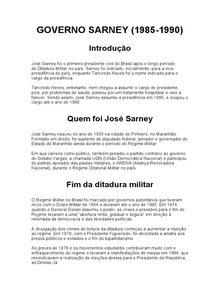 GOVERNO SARNEY - Trab - Sociologia | PDF | Governo | Brasil