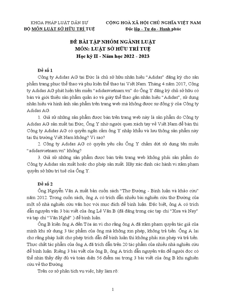Đề BT nhóm môn Luật SHTT ngành Luật | PDF