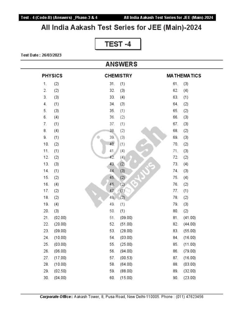 All India Aakash Test Series For JEE (Main) - 2024 Test - 4: Answers ...