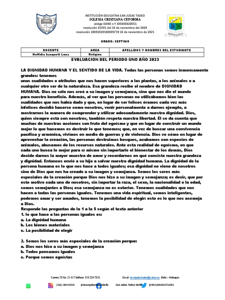 Eval 7 Relg 2023 | PDF | Amor | Dios