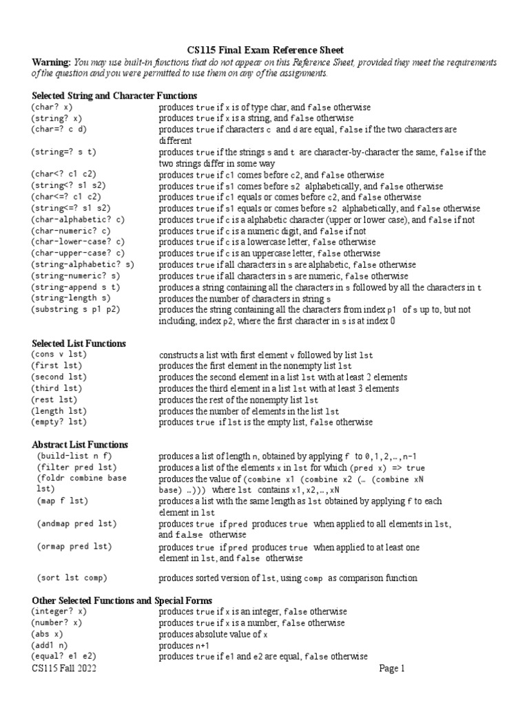 F22 CS115 Final Reference Sheet | PDF | Theoretical Computer Science ...