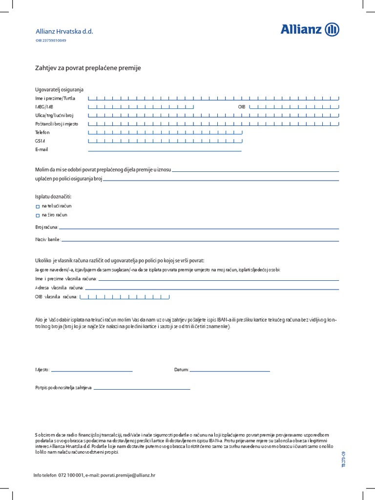 Zahtjev Za Povrat Pretplačene Premije | PDF