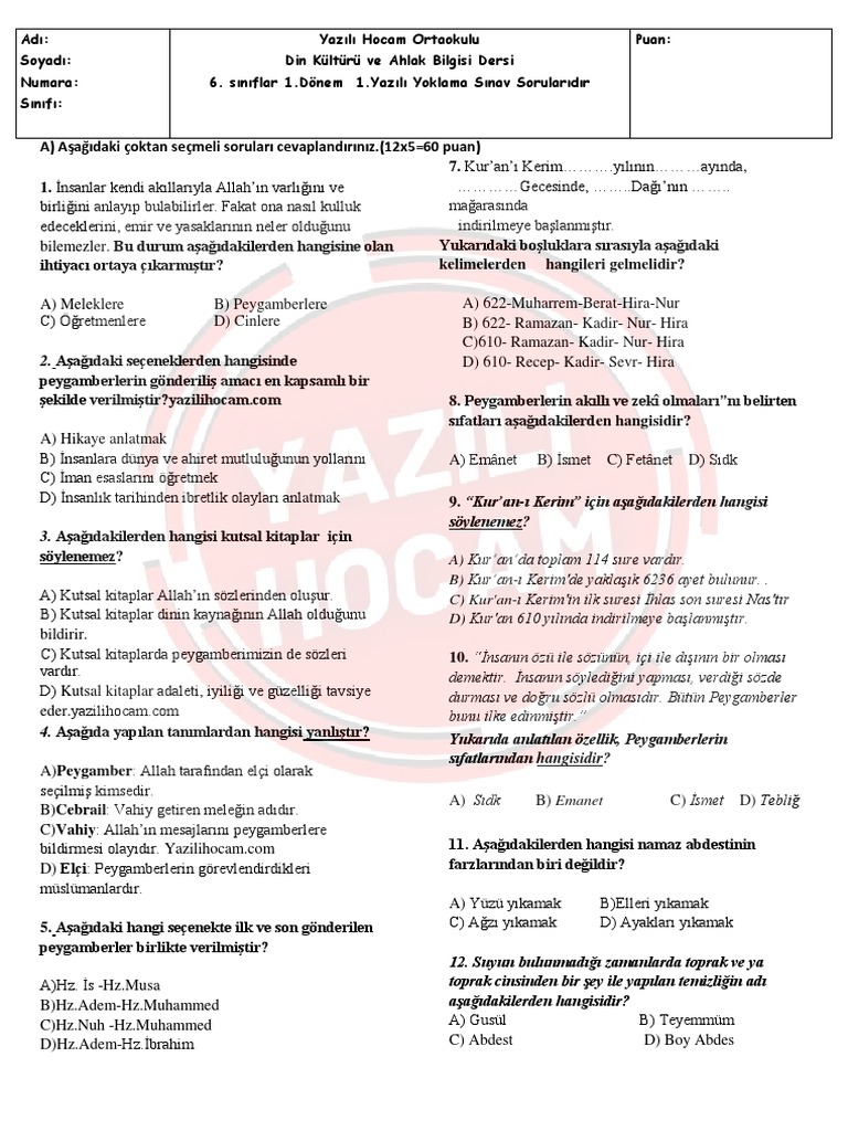 6.sinif Di̇n Kültürü 1.dönem 1.yazili Sorulari-2 | PDF
