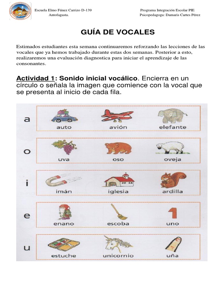 Guía de Vocales: Actividad 1: Sonido Inicial Vocálico. Encierra en Un ...
