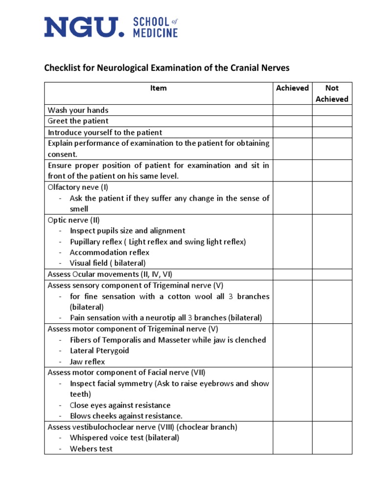 Checklist For Neurological Examination of The Cranial Nerves | PDF ...