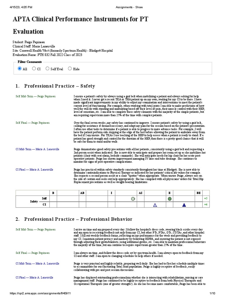 APTA Clinical Performance Instruments For PT Evaluation: 1 ...