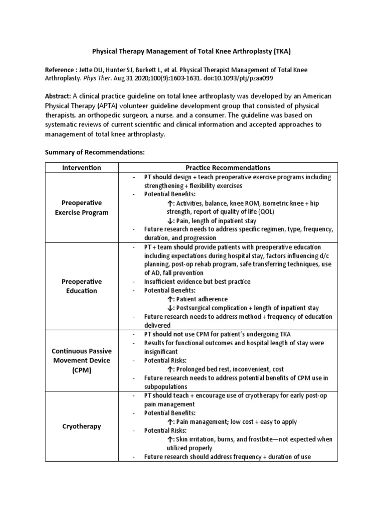 TKA Physical Therapy Guidelines | PDF | Physical Therapy | Health Sciences
