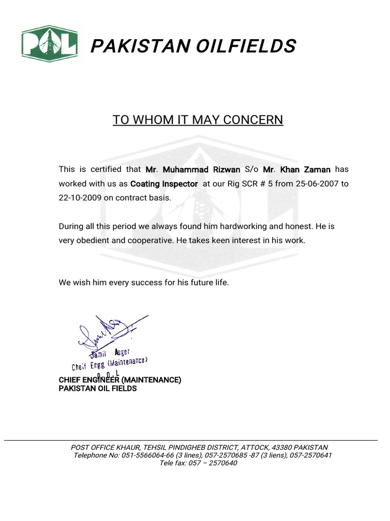 Pak Oil Field Exp Letter | PDF