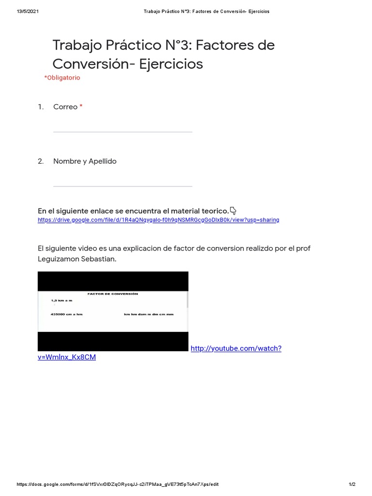 Trabajo Práctico N°3 - Factores de Conversión - Ejercicios - Formularios de Google | PDF