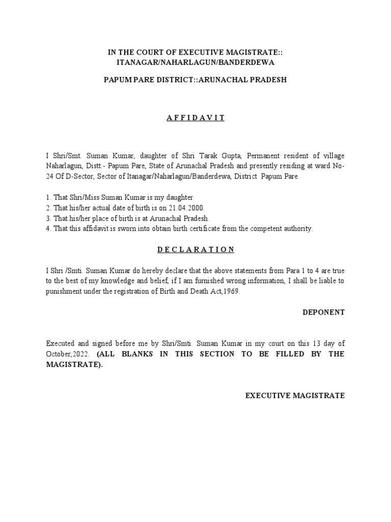 Affidavit for Birth Certificate in Arunachal | PDF
