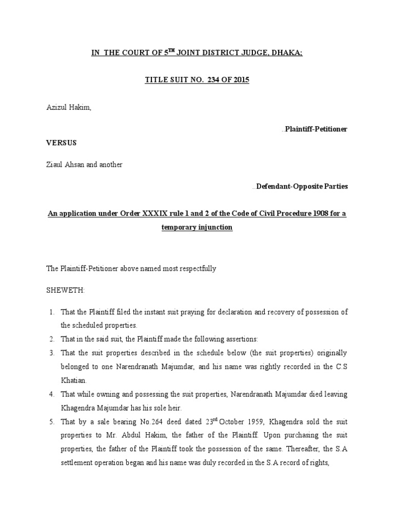 An Application Under Order XXXIX Rule 1 and 2 of The Code of Civil ...