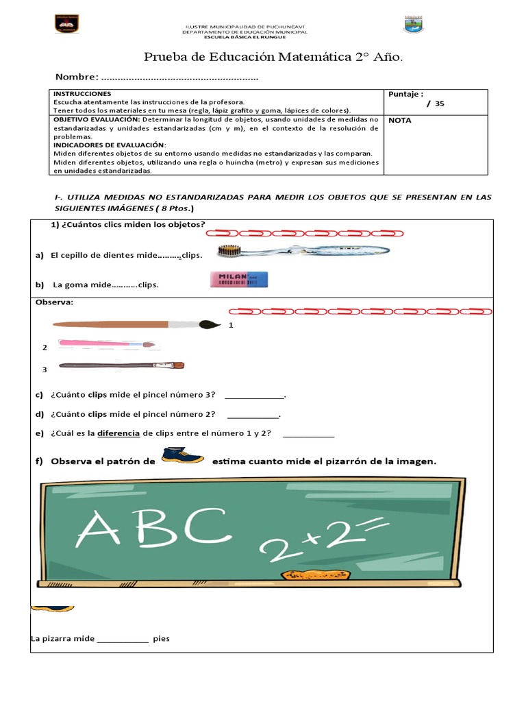 Prueba de Educación Matemática Unidades 2° Básico | PDF | Lápiz ...