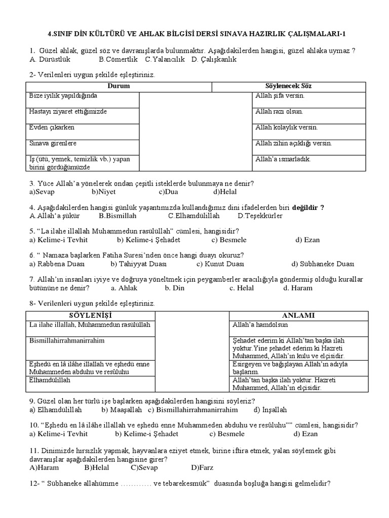 4.sinif Din Kültürü Ve Ahlak Bilgisi Dersi Sinava Hazirlik Çalişmalari ...