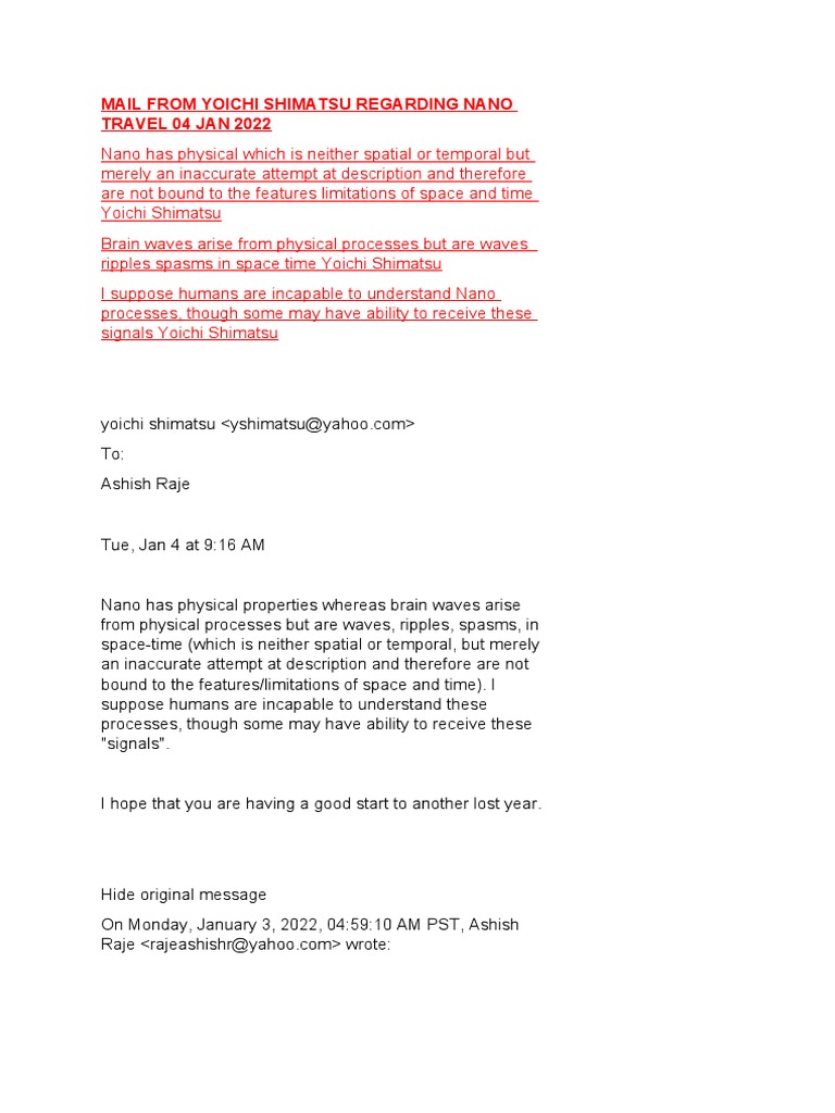 Mail From Yoichi Shimatsu Regarding Nano Travel 04 Jan 2022 | PDF ...
