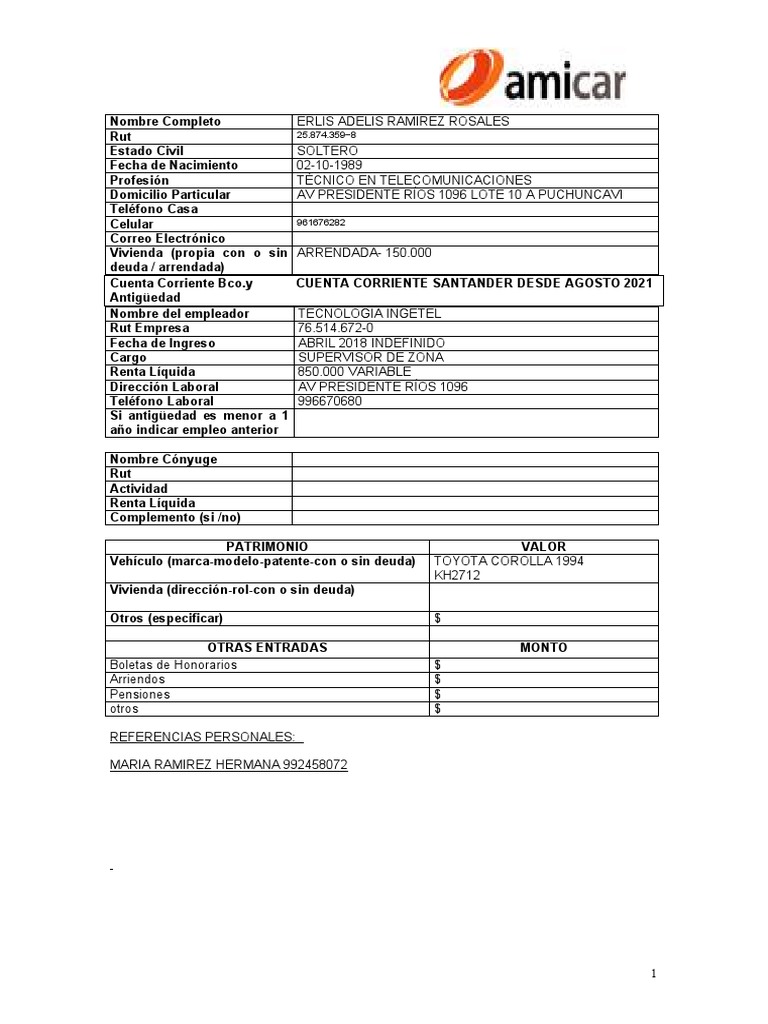 Ficha Credito Amicar Erlis Ramirez | PDF