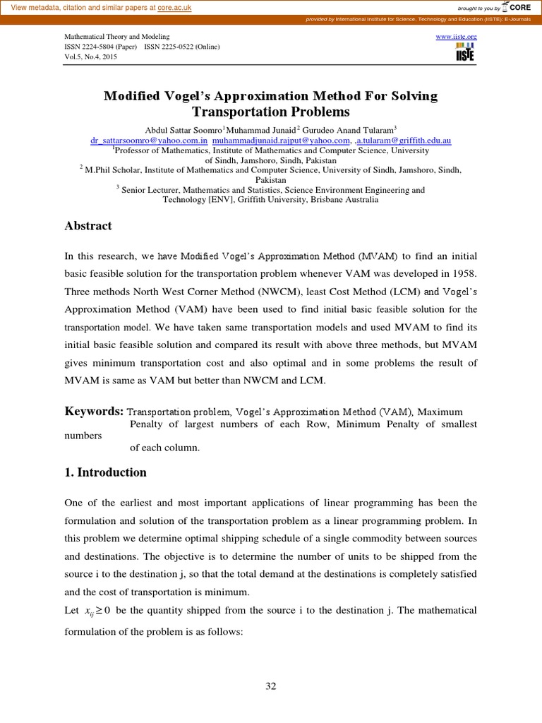 Modified Vogel's Approximation Method For Solving Transportation Problems | PDF | Mathematical ...
