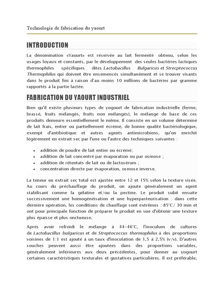 Technologie de Fabrication Du Yaourt | PDF | Yaourt | Nourriture et boisson