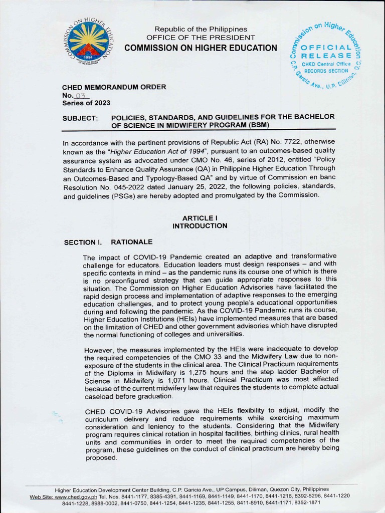 CMO No. 3, Series of 2023 - Policies, Standards, and Guidelines For The Bachelor of Science in ...