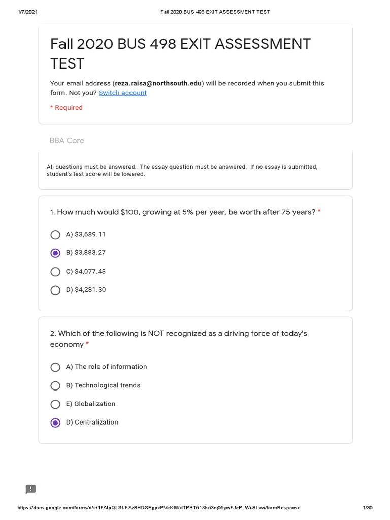 Fall 2020 Bus 498 Exit Assessment Test: BBA Core | PDF | Normal ...