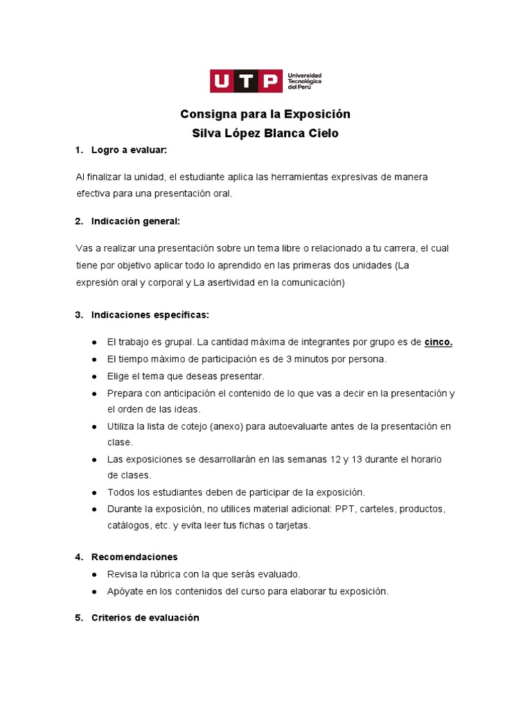Consigna para La Exposición Silva López Blanca Cielo: 1. Logro A ...