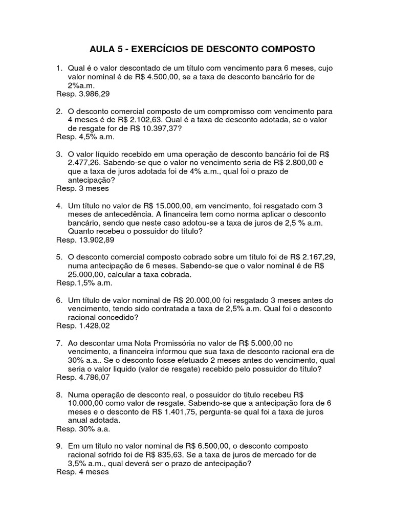 Exercícios - Aula 5 - Desconto Composto | PDF | Desconto | Factoring (fomento mercantil ou ...