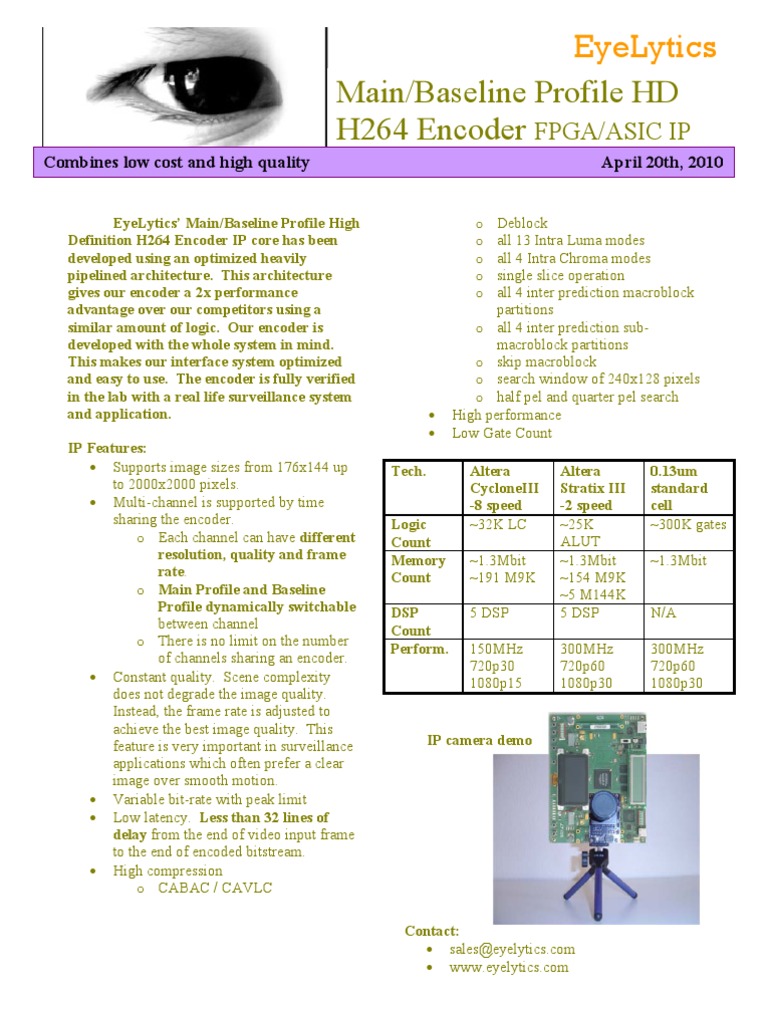Main Baseline Profile HD H264 Encoder Eyelytics PDF H 264 Mpeg 4