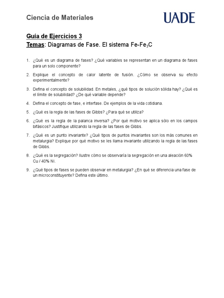 Guía de Ejercicios: Diagramas de Fase Fe-Fe3C | PDF | Fase (materia ...