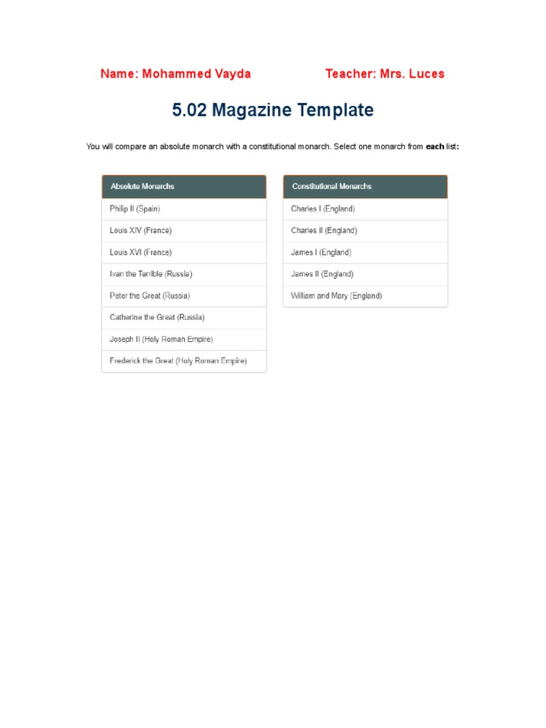 5.02 Magazine Template: Name: Mohammed Vayda Teacher: Mrs. Luces | PDF