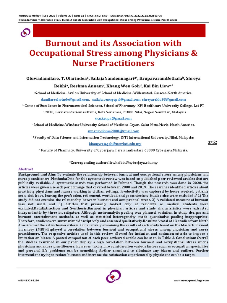 Burnout & It's Association With Occupational Stress Among Physicians and Nurse Practitioners ...