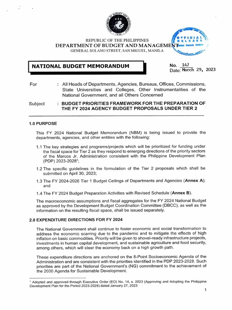 National Budget Memorandum No 147 Dated March 29 2023 | PDF | Climate ...