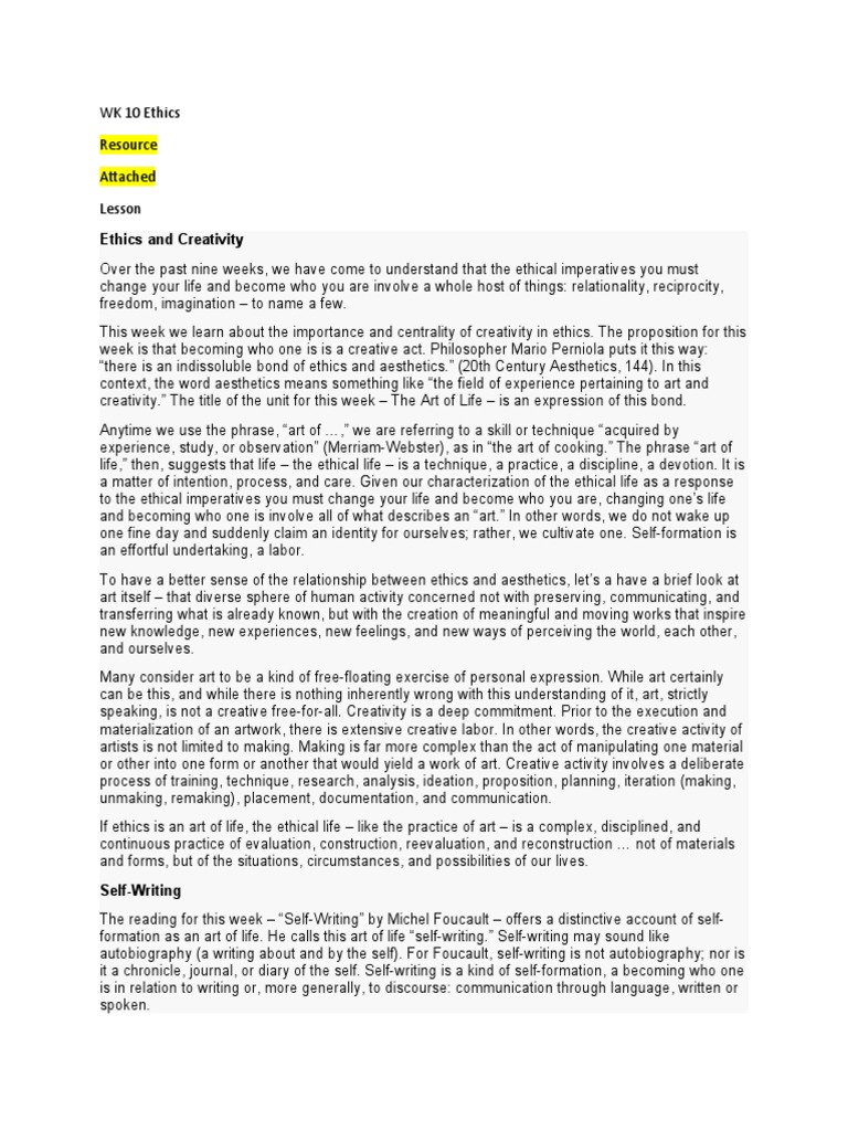 WK 10 Ethics Assignment | PDF | Aesthetics | Michel Foucault