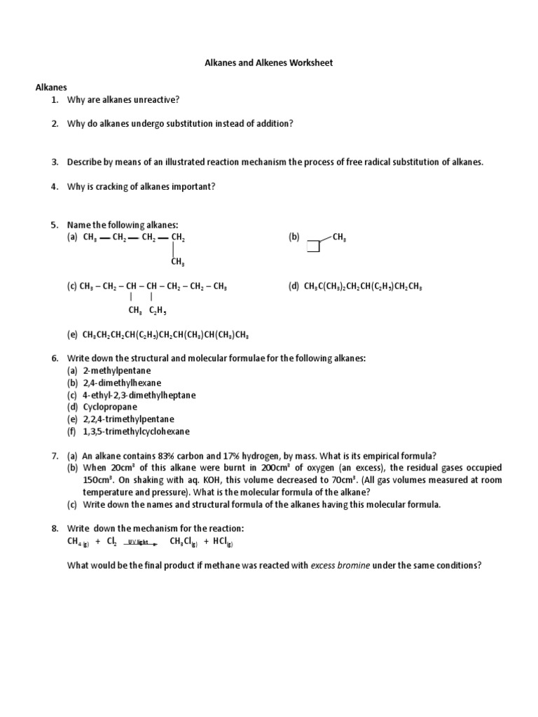 Alkanes and Alkenes Worksheet | PDF | Alkane | Alkene