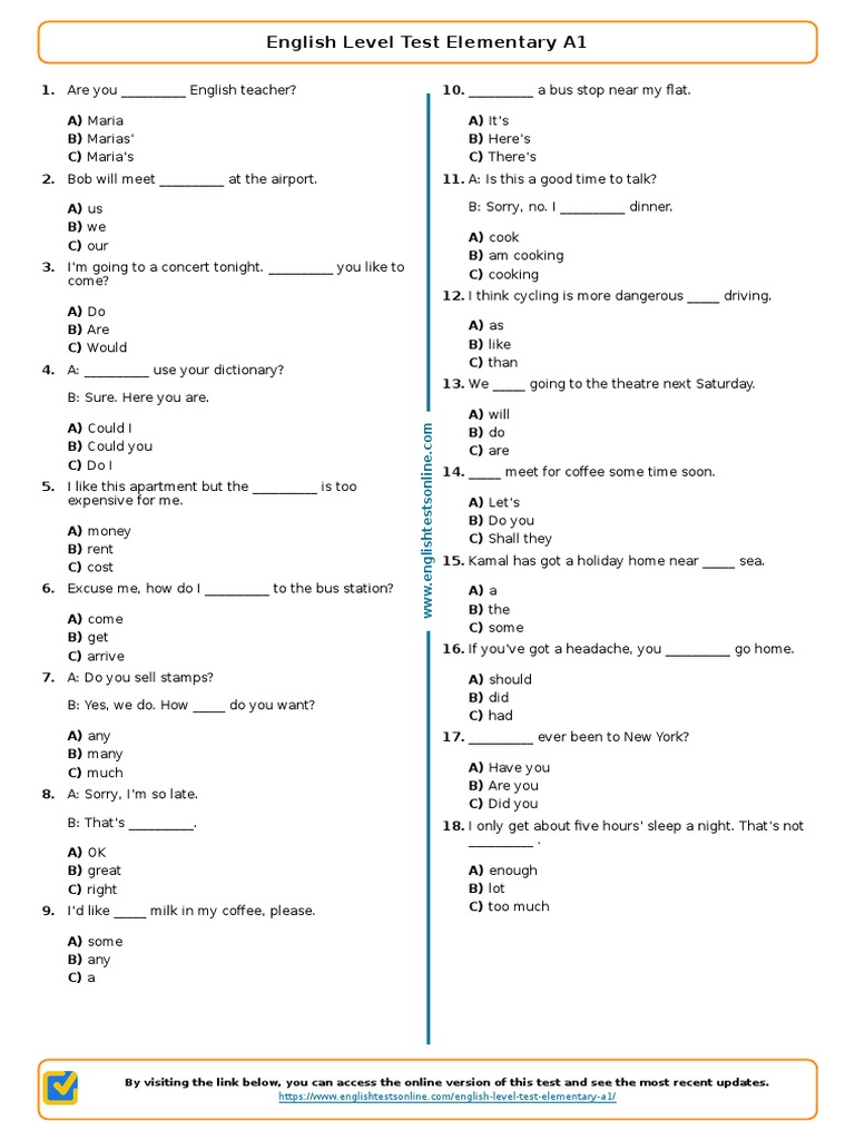 English Level Test Elementary A1: B: Sorry, No. I - Dinner | PDF