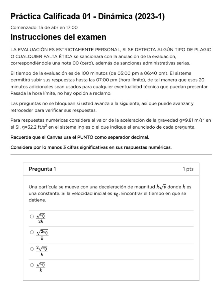 Examen - Práctica Calificada 01 - Dinámica (2023-1) | PDF | Aceleración | Velocidad